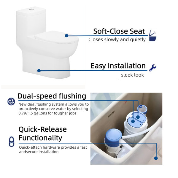 momei Elongated Dual Flushing One-Piece Toilet High Efficiency Flush Glossy White-28.74x 13.78x ...